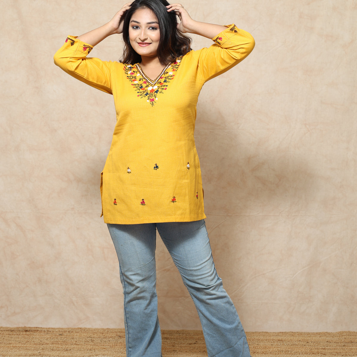 Yellow Hand Embroidery Cotton Kurti - Best Designer Kurtis – chicly